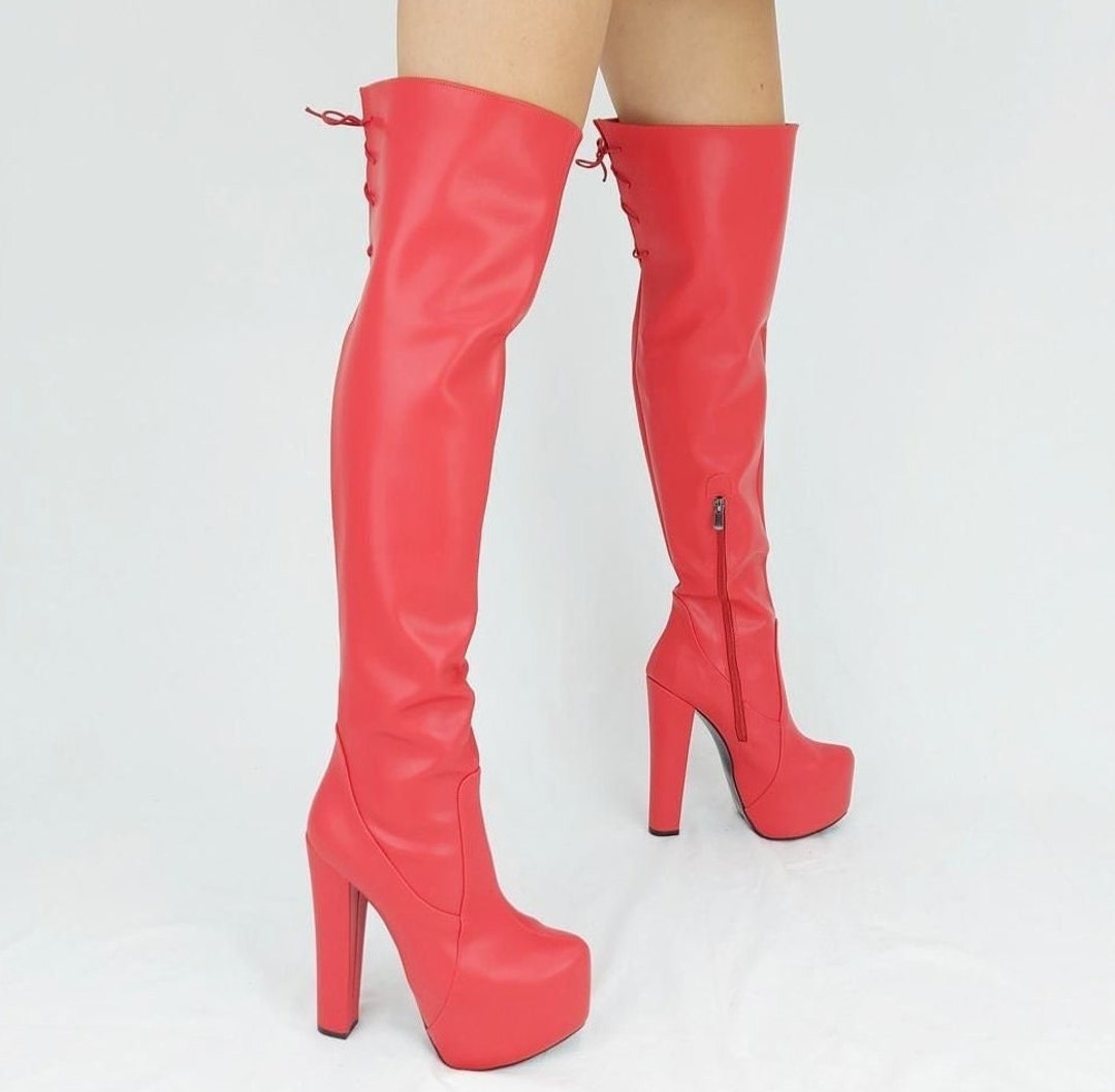 RED PLATFORM BOOTS, Knee High Boots With Lace Detail, Handmade Vegan ...