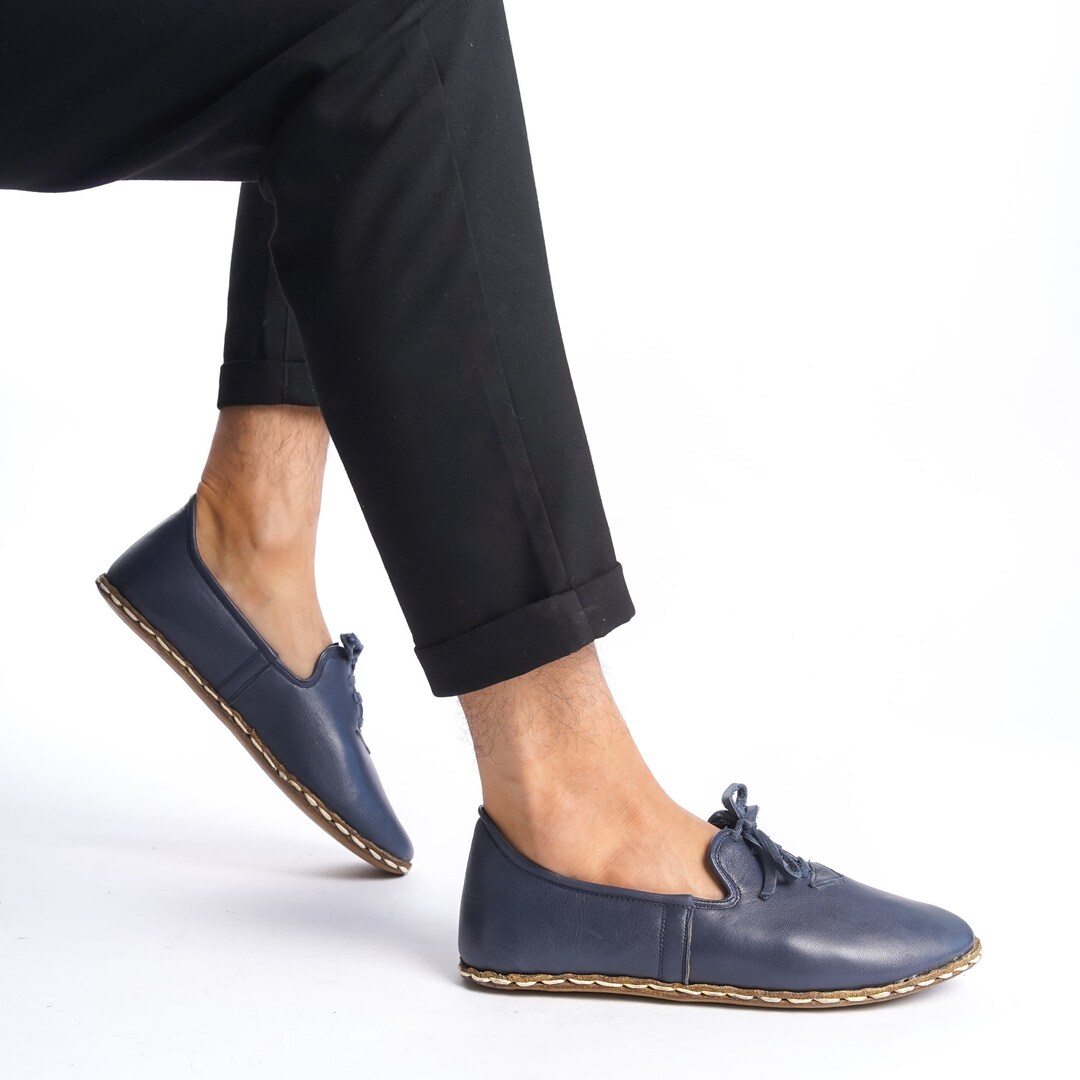 BLUE STITCHED SHOES, Navy Blue Zero Drop Natural Genuine Leather Flat ...