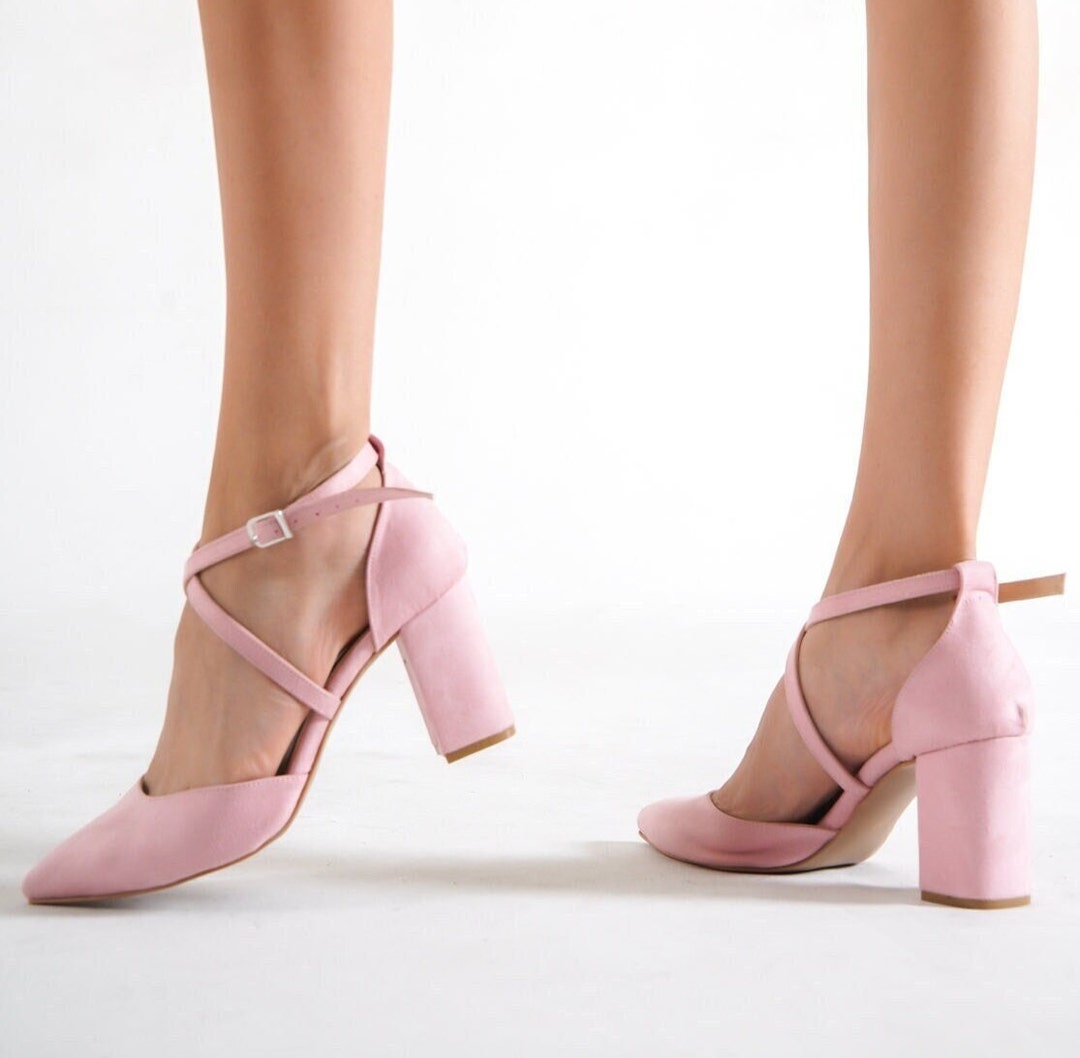 PINK CROSS SHOES, Pink Bridal Block High Heels, Pink Criss Cross ...