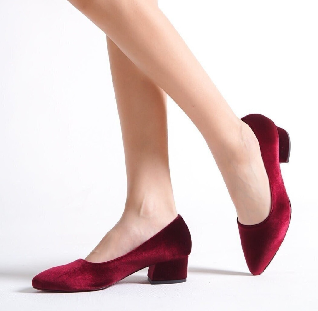 BURGUNDY LOW SHOES, Burgundy Classic Shoes, Boho Velvet Heels, Dark Red ...