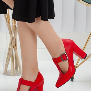 RED BLOCK HEELS, T-strap Shoes, Red Heels, Red Vegan Mary Jane Heels ...