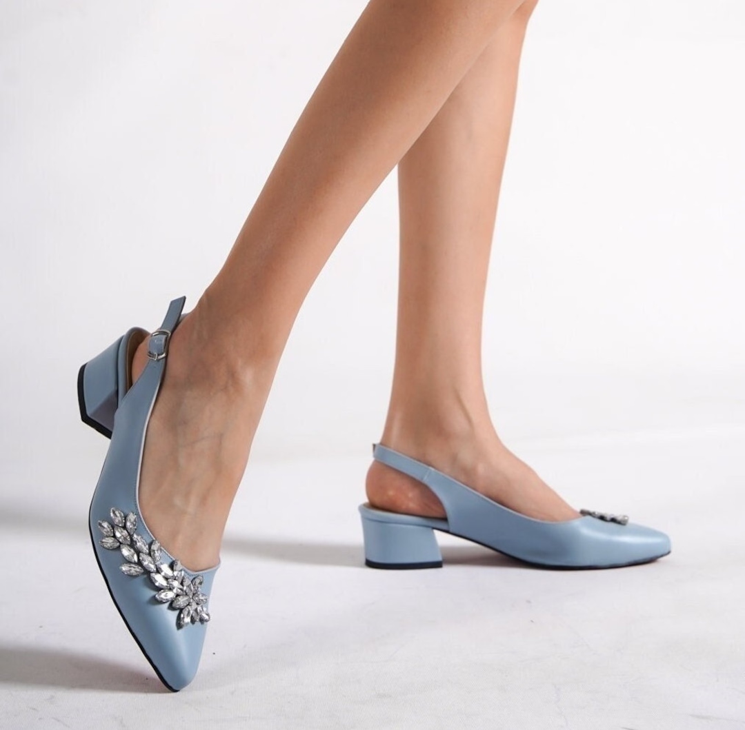 BLUE LOW HEELS, Rhinestone Heels, Baby Blue Bridal Heels, Wedding Flats ...