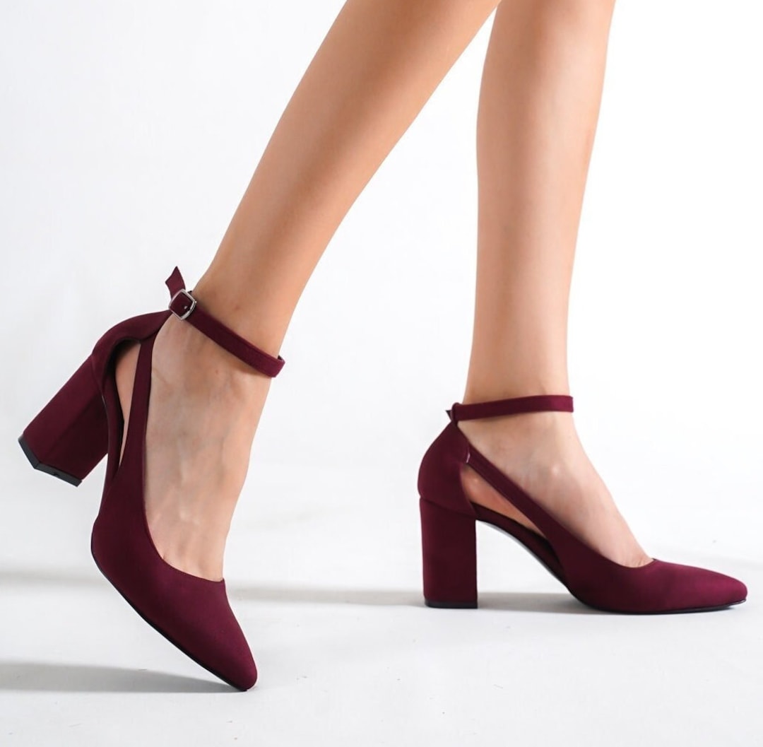 Burgundy HEELS SHOES Dark Red Bridal Block High Heel Red - Etsy