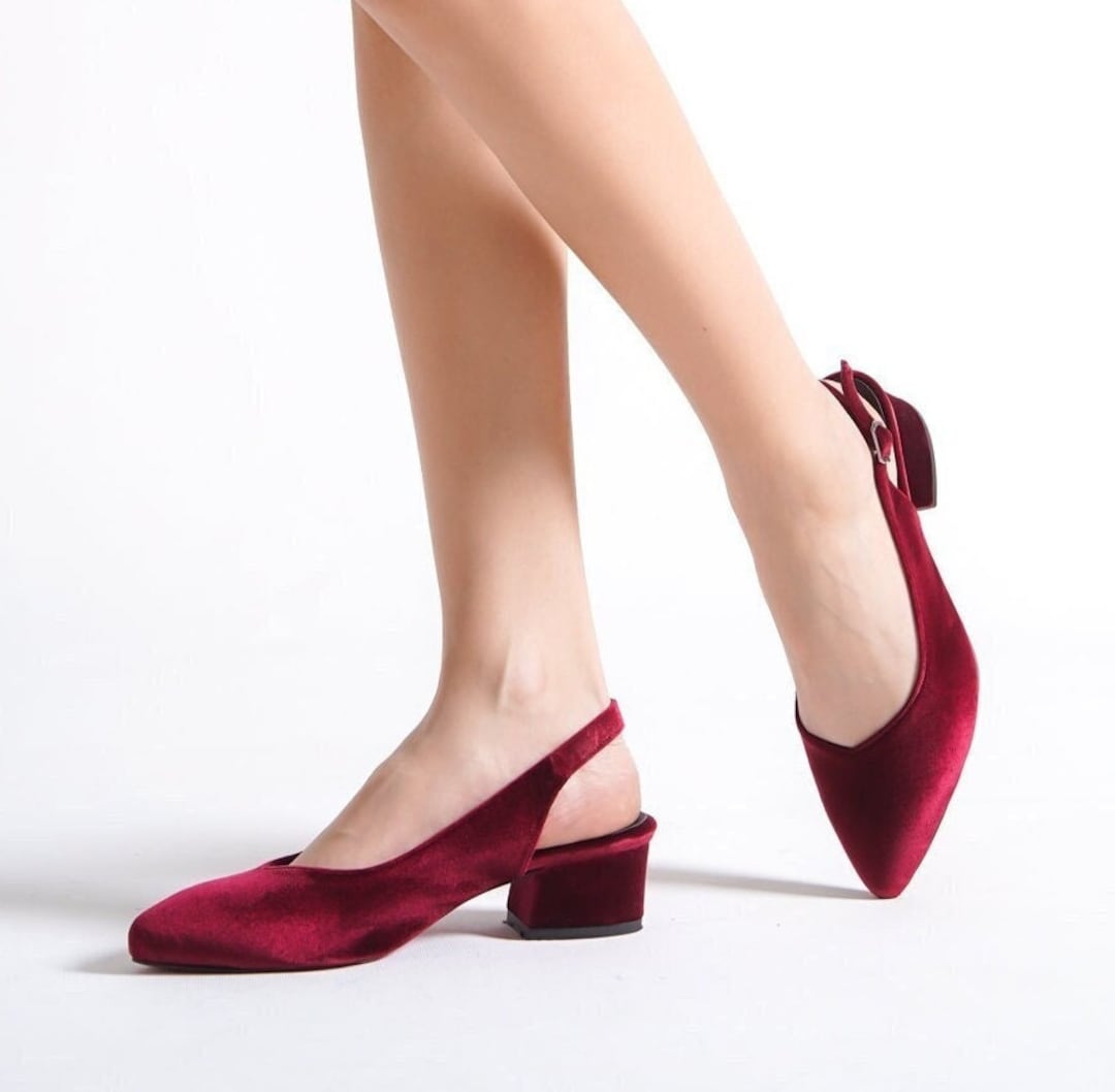 BURGUNDY VELVET HEELS, Boho Low Block Heels, Red Bridal Heels, Velvet ...