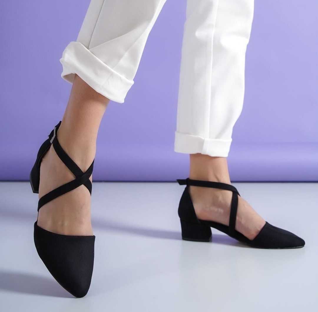 BLACK CROSS HEELS, Black Low Block Heels, Wedding Flats for Bride ...