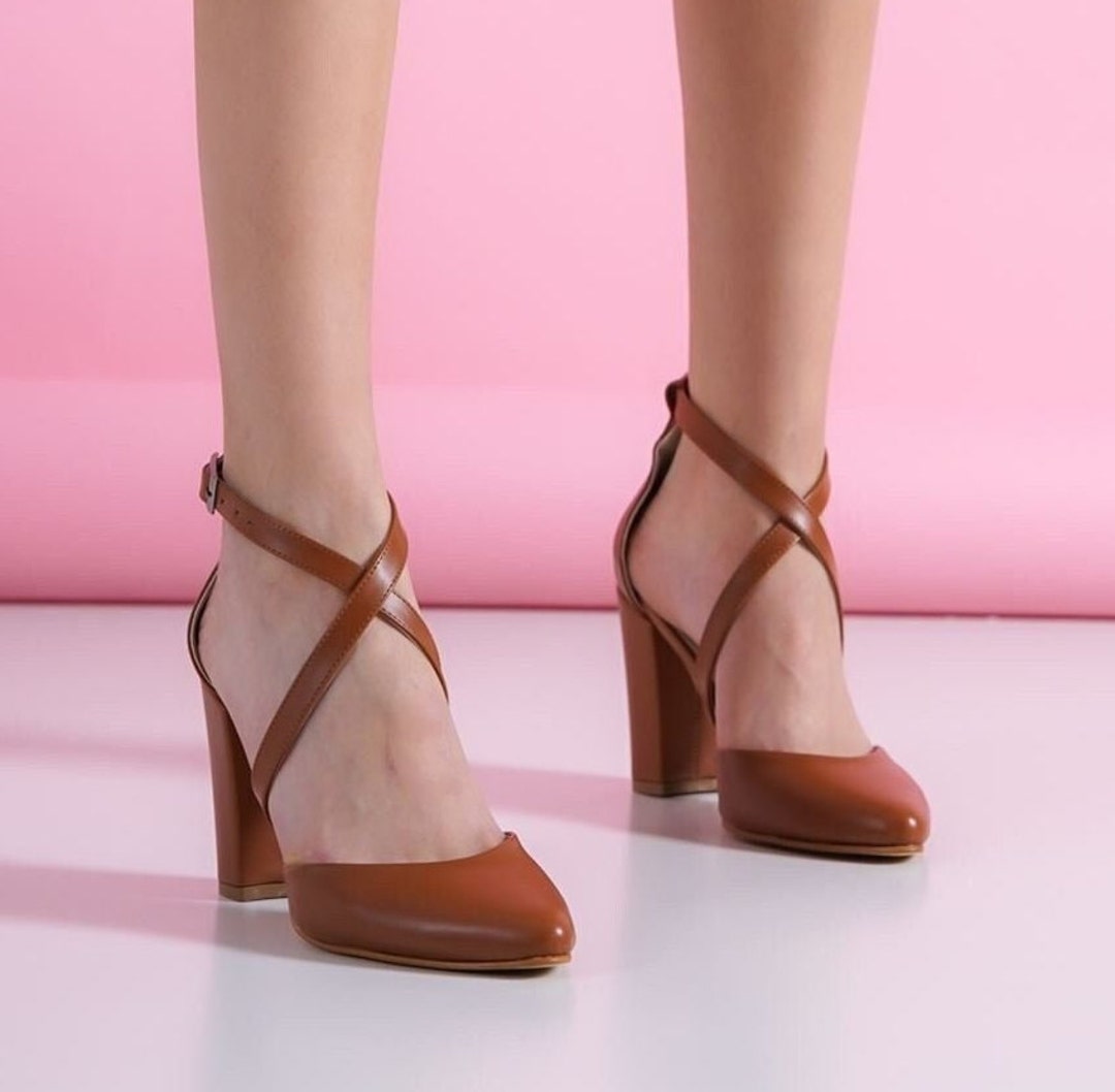 BROWN CROSS HEELS, Tan Bridal Block High Heels, Tan Brown Criss Cross ...