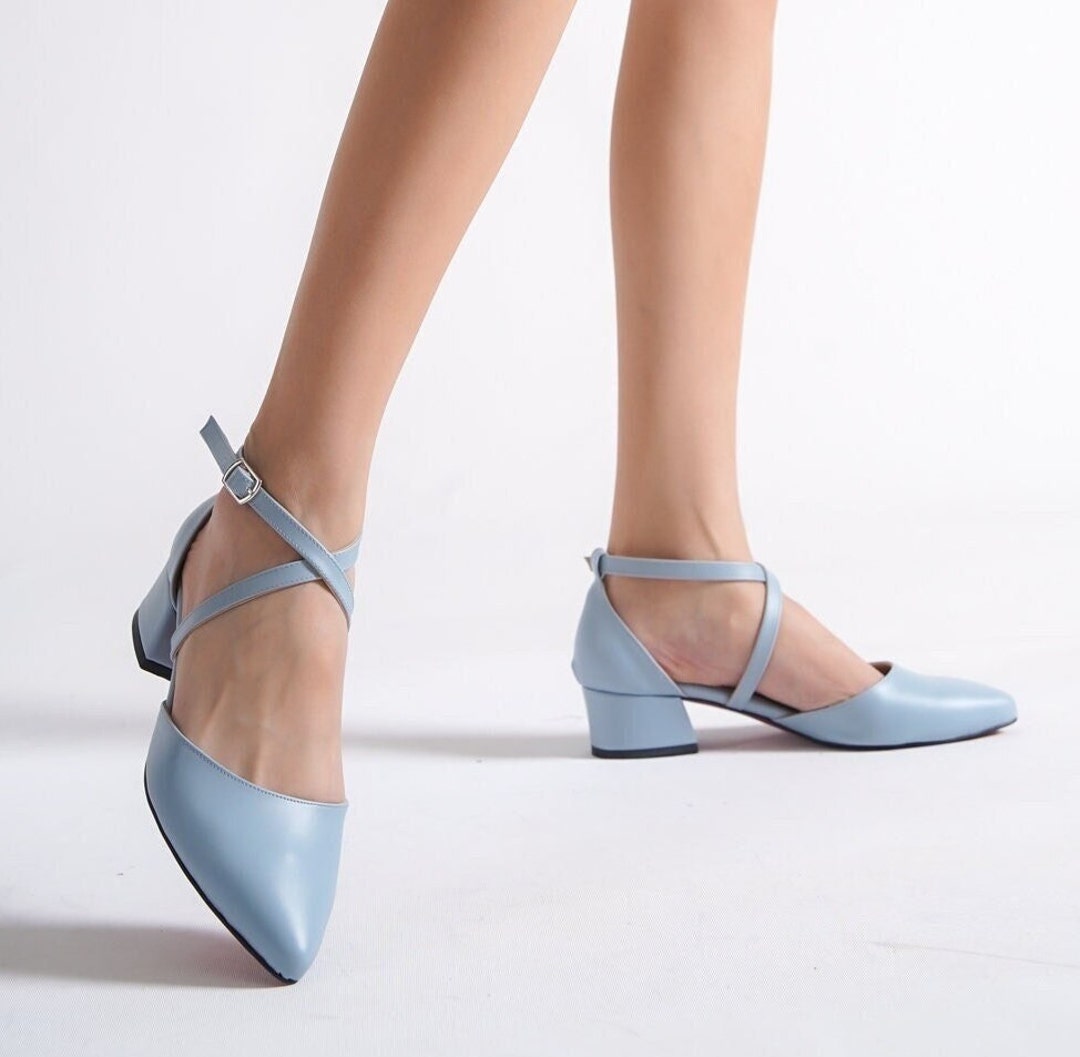 BLUE CROSS SHOES, Baby Blue Low Block Heels, Wedding Flats for Bride ...