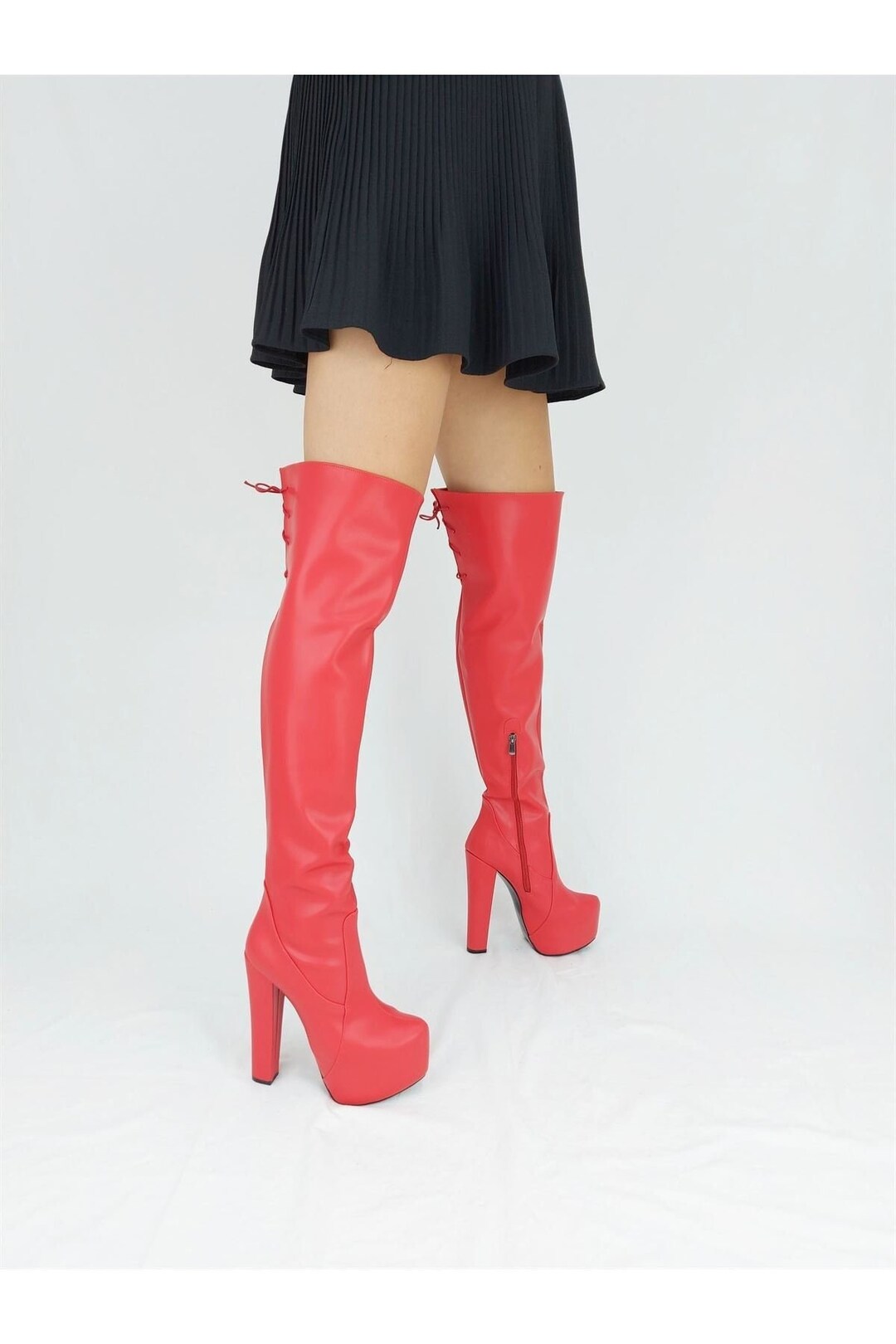 RED PLATFORM BOOTS Knee High Boots With Lace Detail Handmade - Etsy