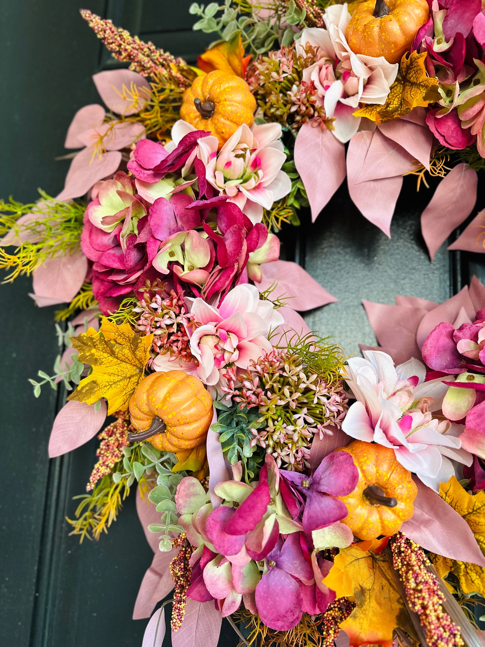 Fall Pink Wreath, Pink Lover, Colorful Pink and Orange Pumpkin Front ...