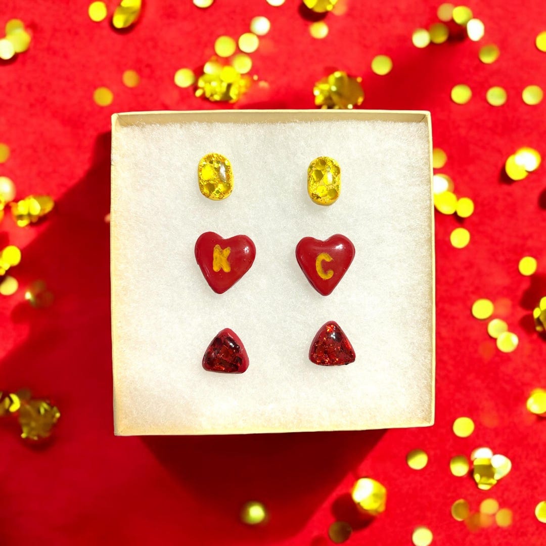 Kansas City Chiefs Inspired Earrings Stud Set, Red and Yellow Gold KC ...