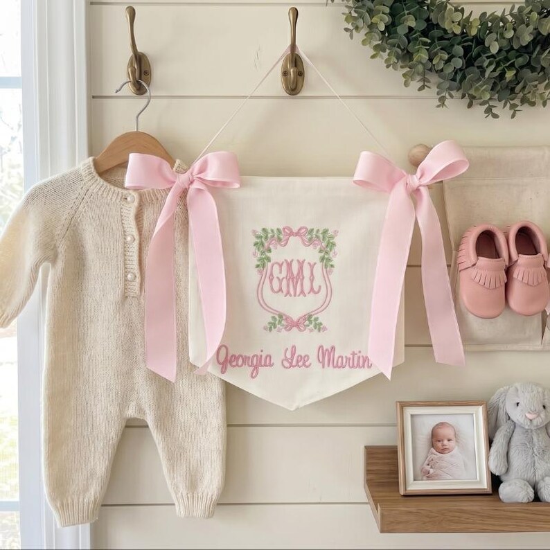 Embroidered Monogram Baby Banner, Personalized Nursery Decor, Ribbon ...
