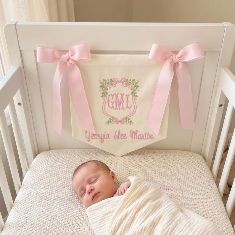 Embroidered Monogram Baby Banner, Personalized Nursery Decor, Ribbon ...