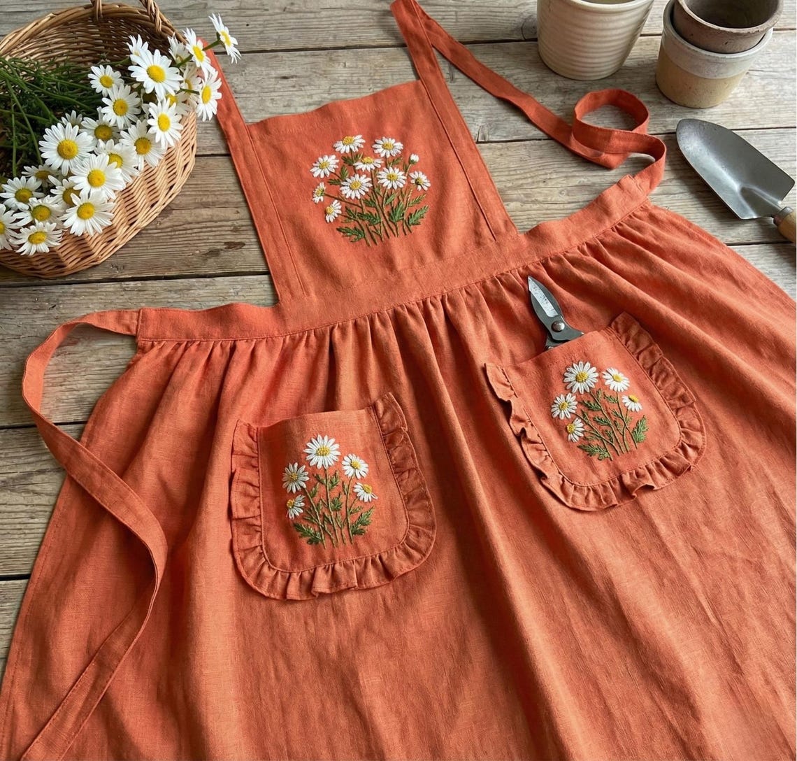 Hand Embroidered Linen Apron, Floral Design, Custom Kitchen Apron - Etsy
