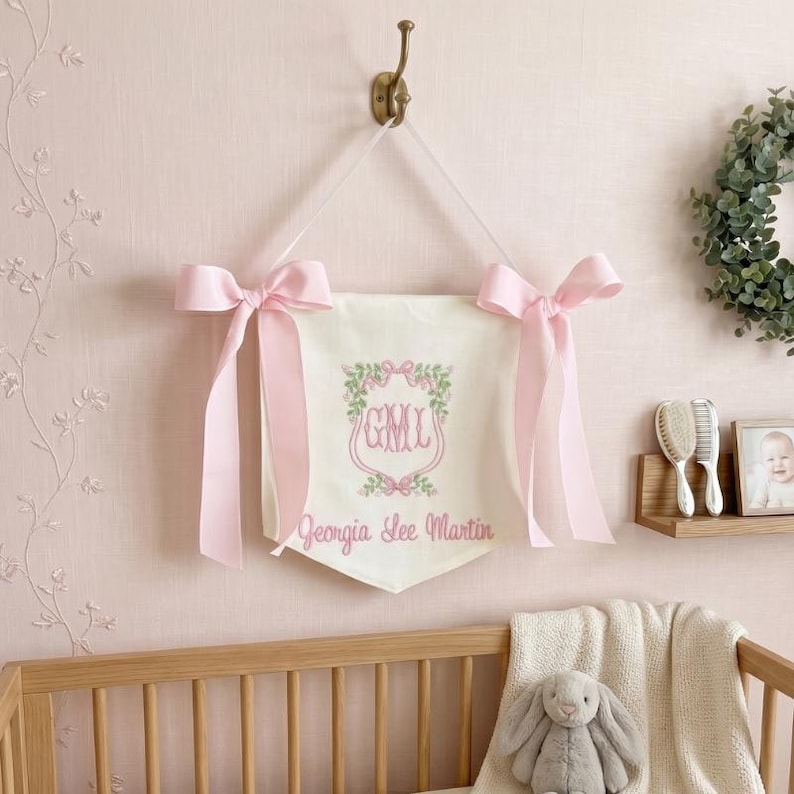 Embroidered Monogram Baby Banner, Personalized Nursery Decor, Ribbon ...