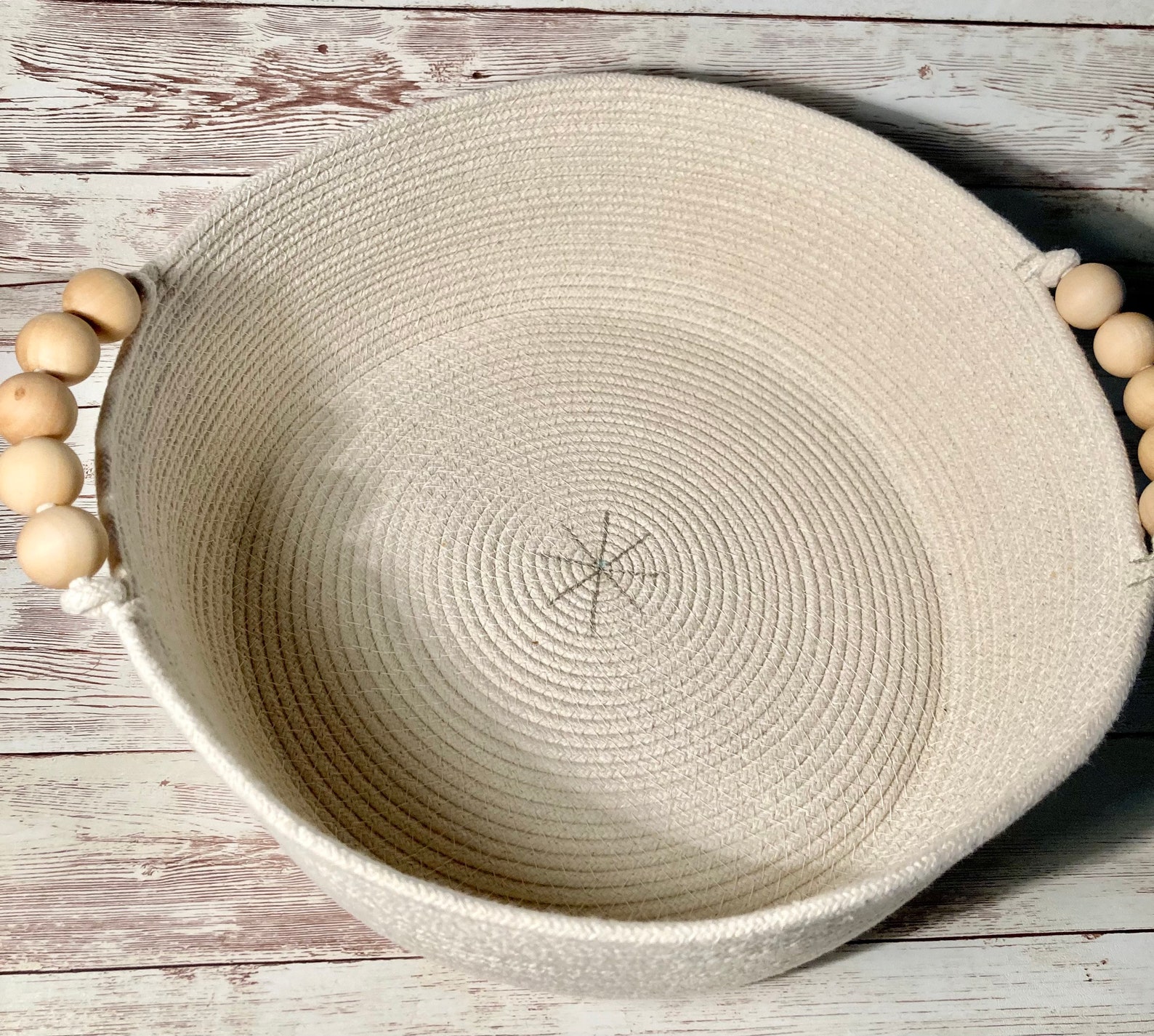 Large Round Rope Basket With Wood Beaded Handles Dining Table - Etsy