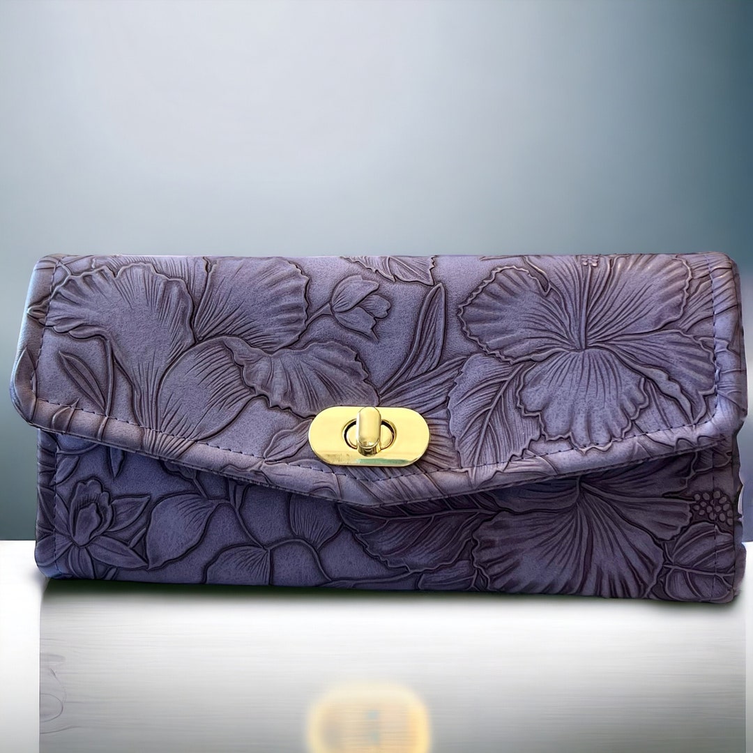 Purple Embossed Floral Faux Leather Ladies Clutch Wallet, Full Sized ...