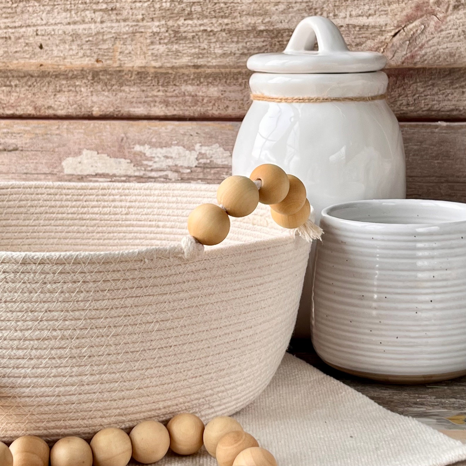 Large Round Rope Basket With Wood Beaded Handles Dining Table - Etsy