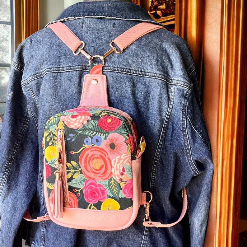 Pink Floral Convertible Backpack Purse, Canvas and Leather Crossbody ...