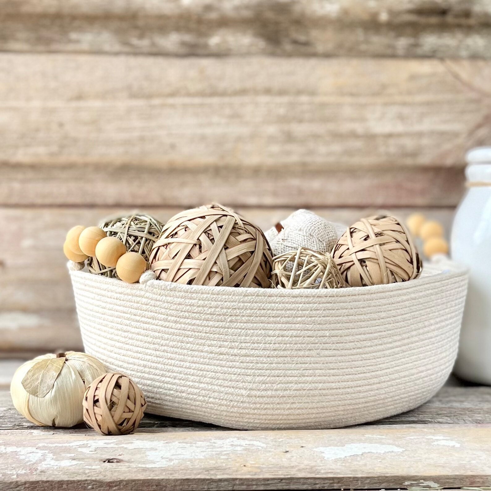 Large Round Rope Basket With Wood Beaded Handles Dining Table - Etsy