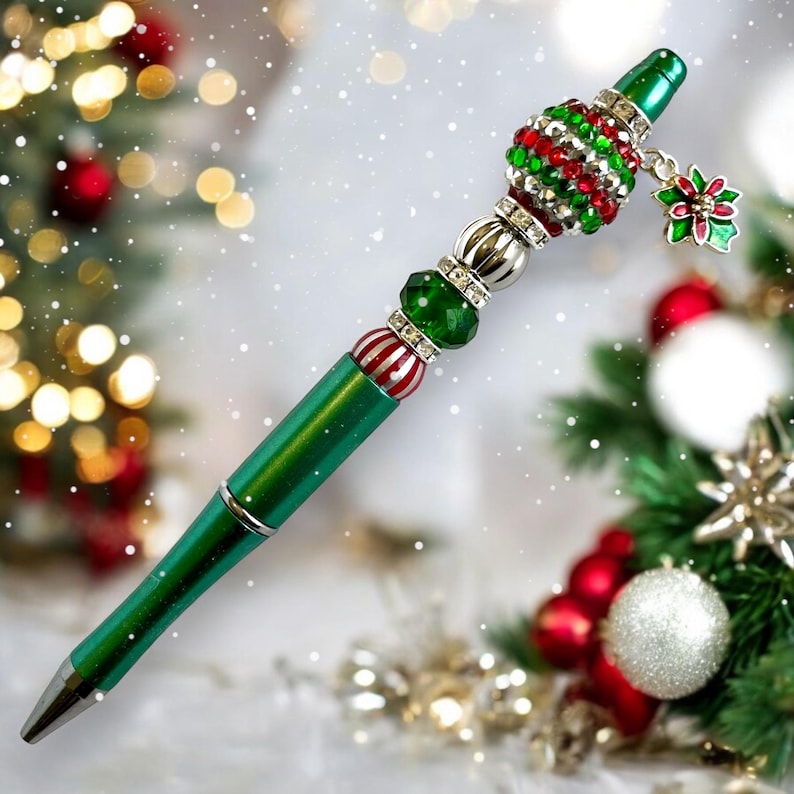 Christmas Poinsettia Beaded Pen, Secret Santa Gift, Stocking Stuffer ...