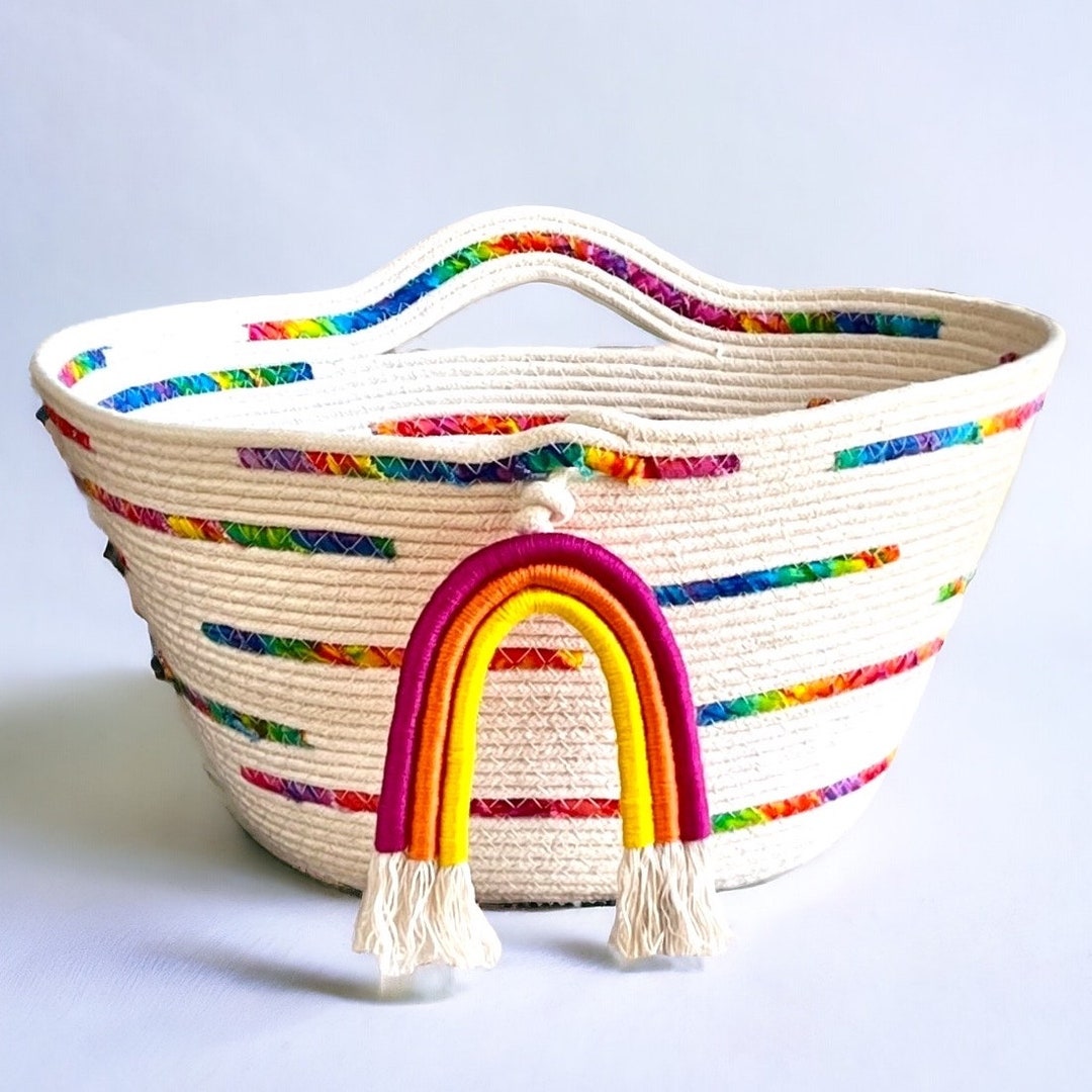 Tie Dye Rainbow Basket, Colorful Boho Rope Basket, Bold Color Decor ...