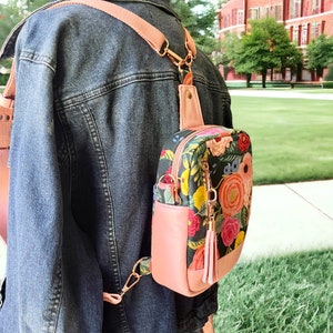 Pink Floral Convertible Backpack Purse, Canvas and Leather Crossbody ...