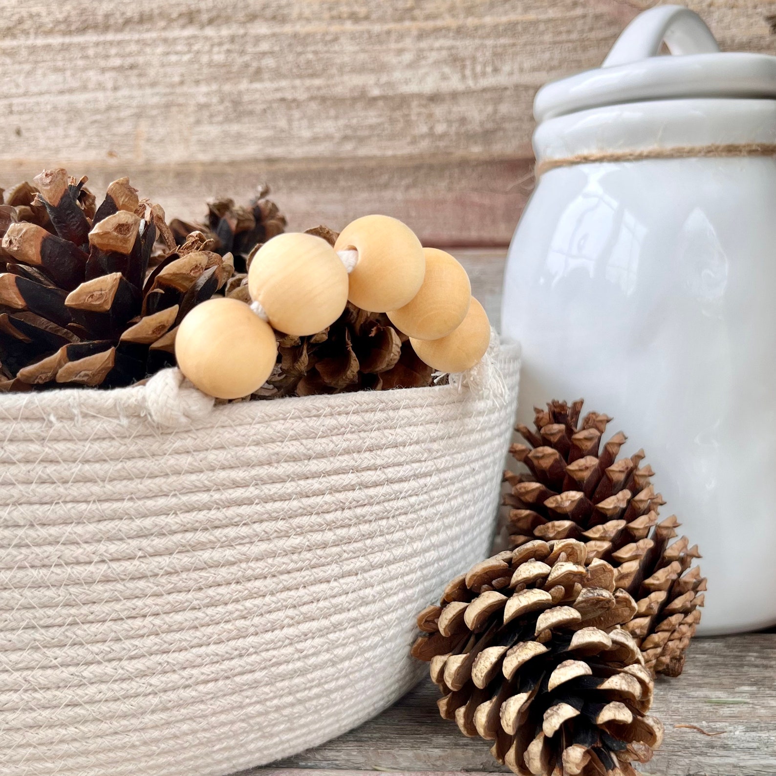 Large Round Rope Basket With Wood Beaded Handles Dining Table - Etsy