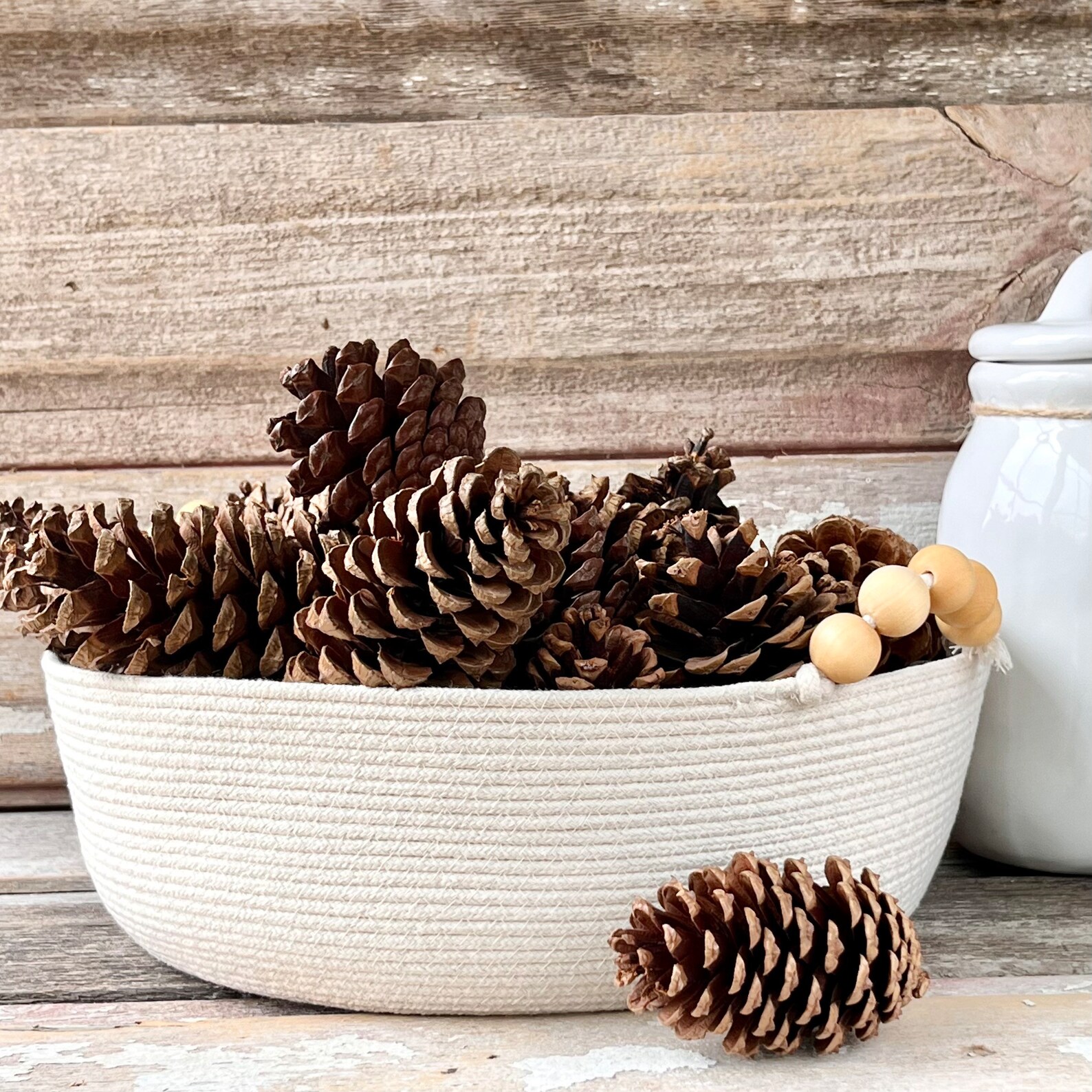 Large Round Rope Basket With Wood Beaded Handles Dining Table - Etsy