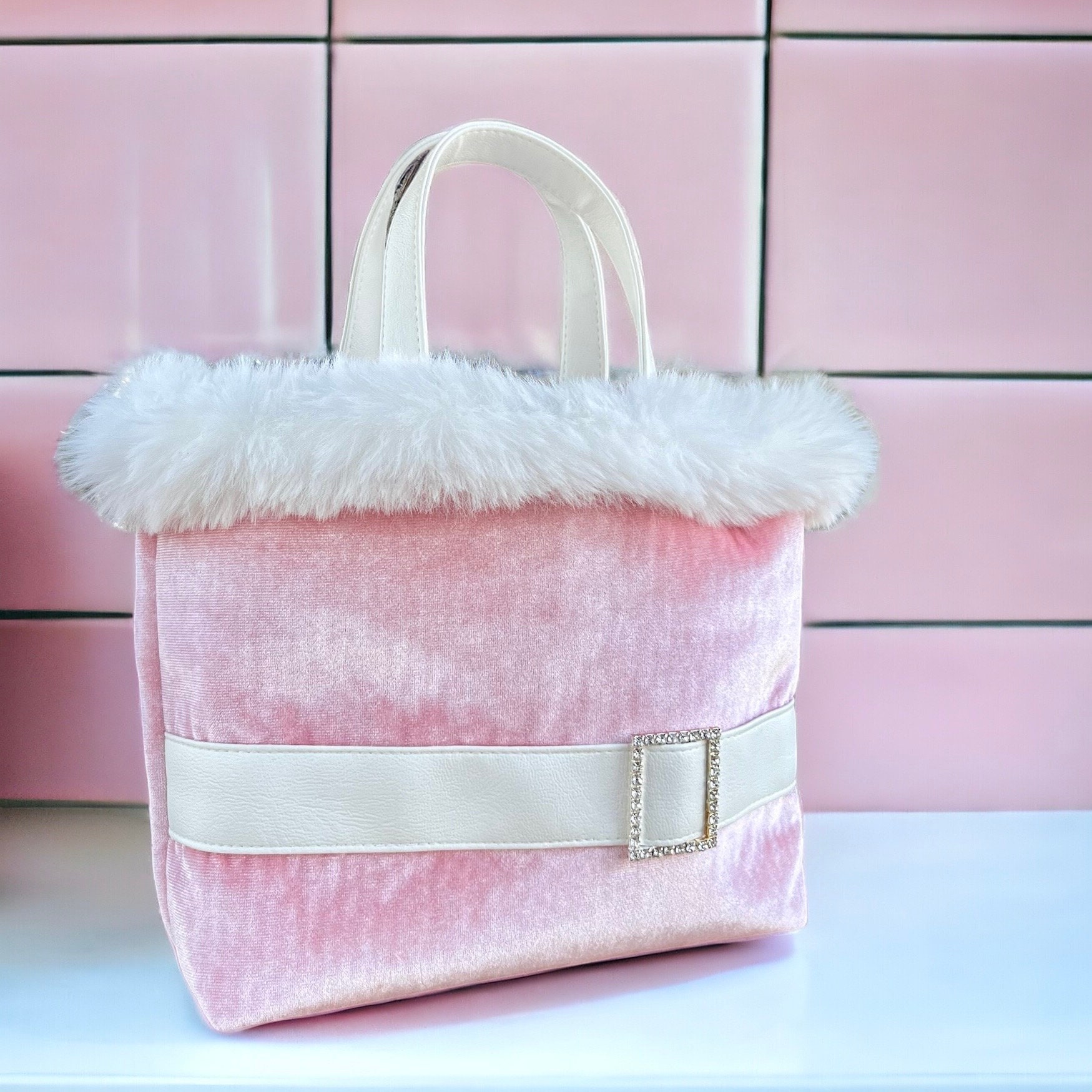 Pink Velvet Christmas Purse, Santa Handbag, Festive Holiday Small Tote ...