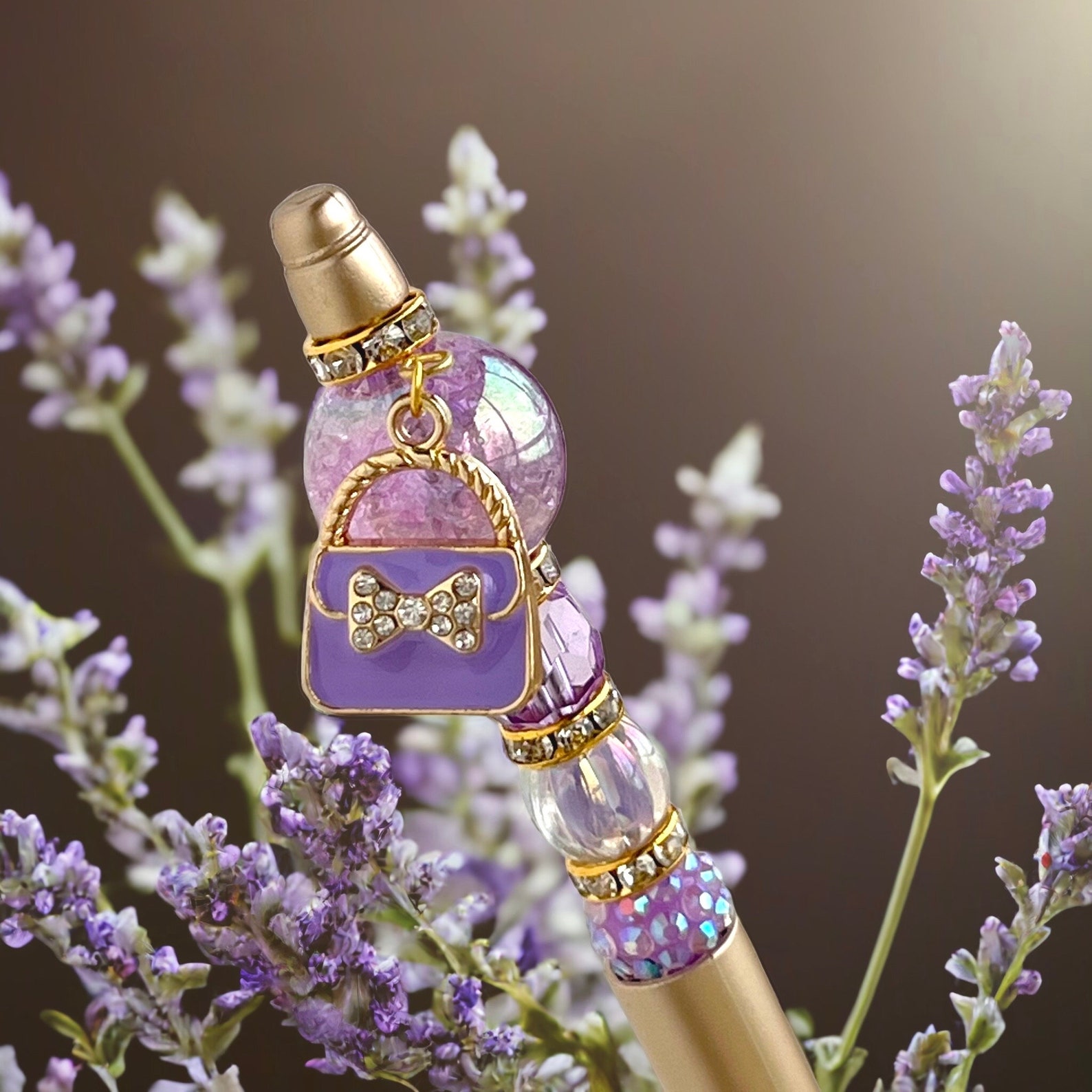 Lavender Beaded Pen With Gold Purse Charm: Bling Pen - Etsy