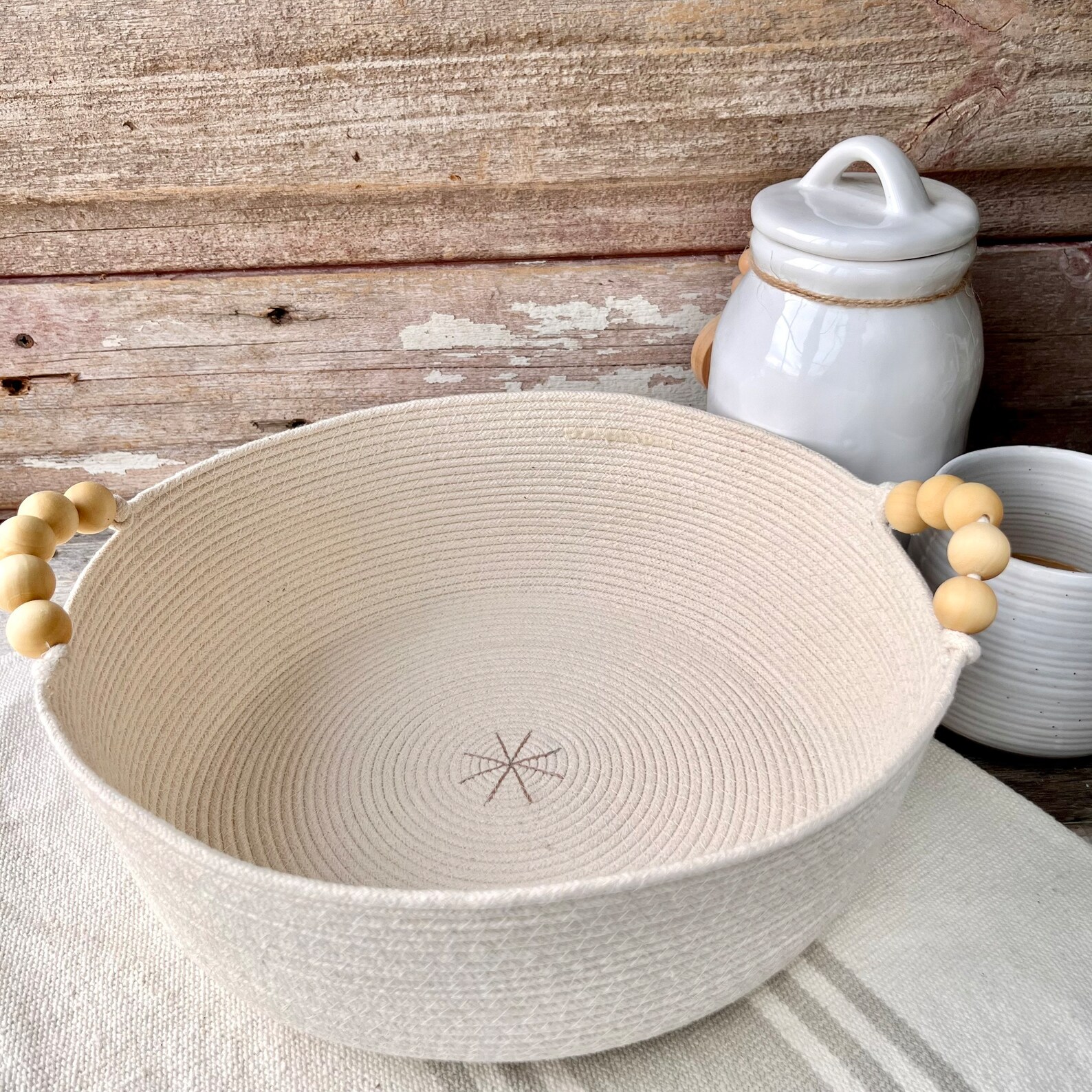 Large Round Rope Basket With Wood Beaded Handles Dining Table - Etsy