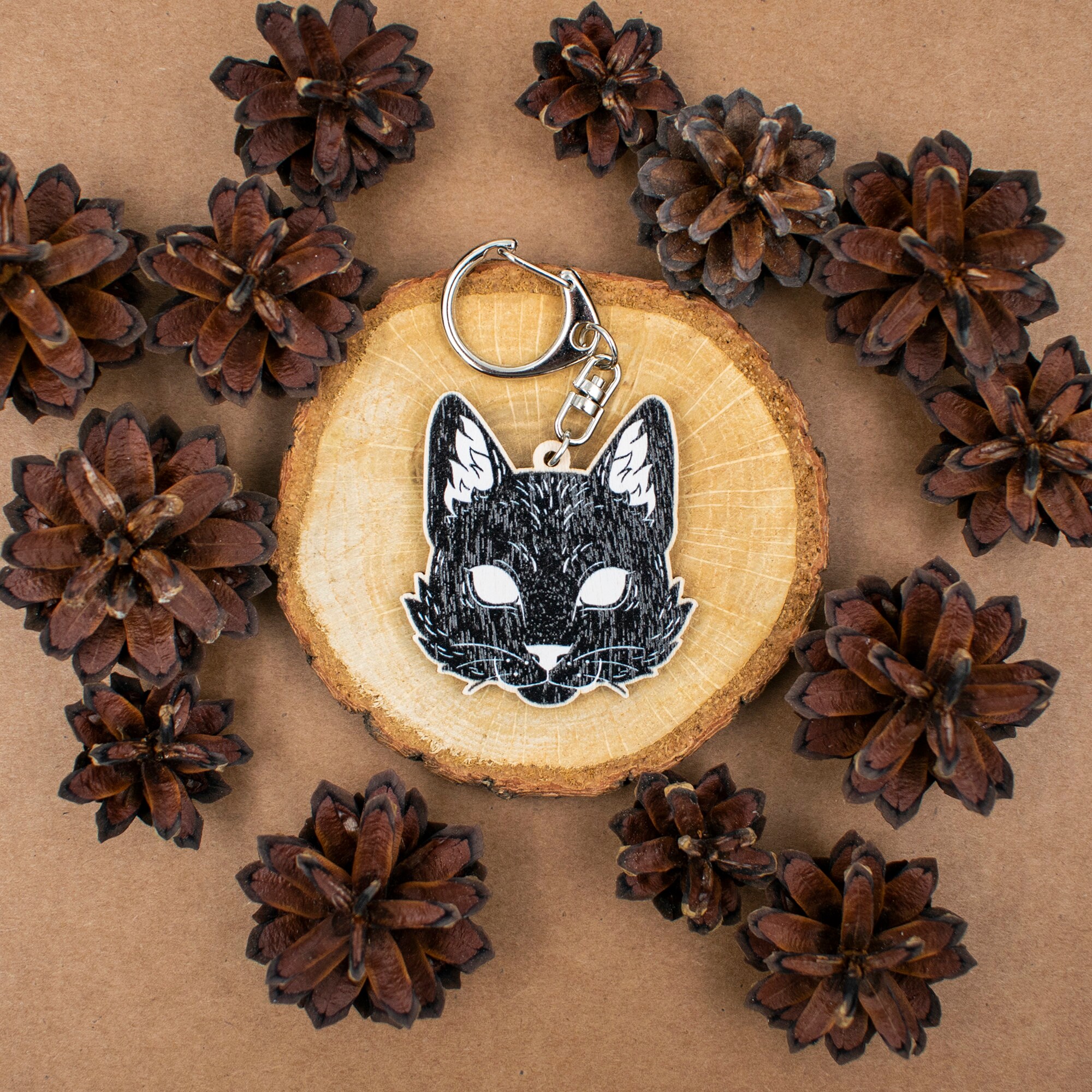 Wooden Cat Keychain / Black Cat Keychain / Black Cat Keyring / Laser ...