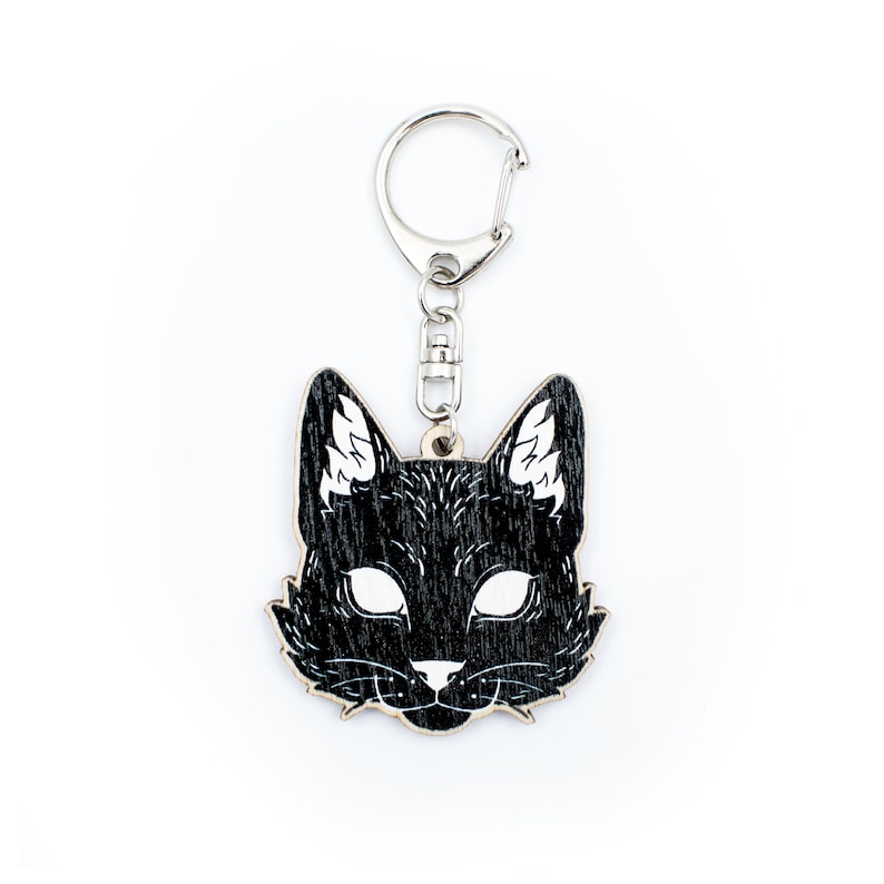 Wooden Cat Keychain / Black Cat Keychain / Black Cat Keyring / Laser ...