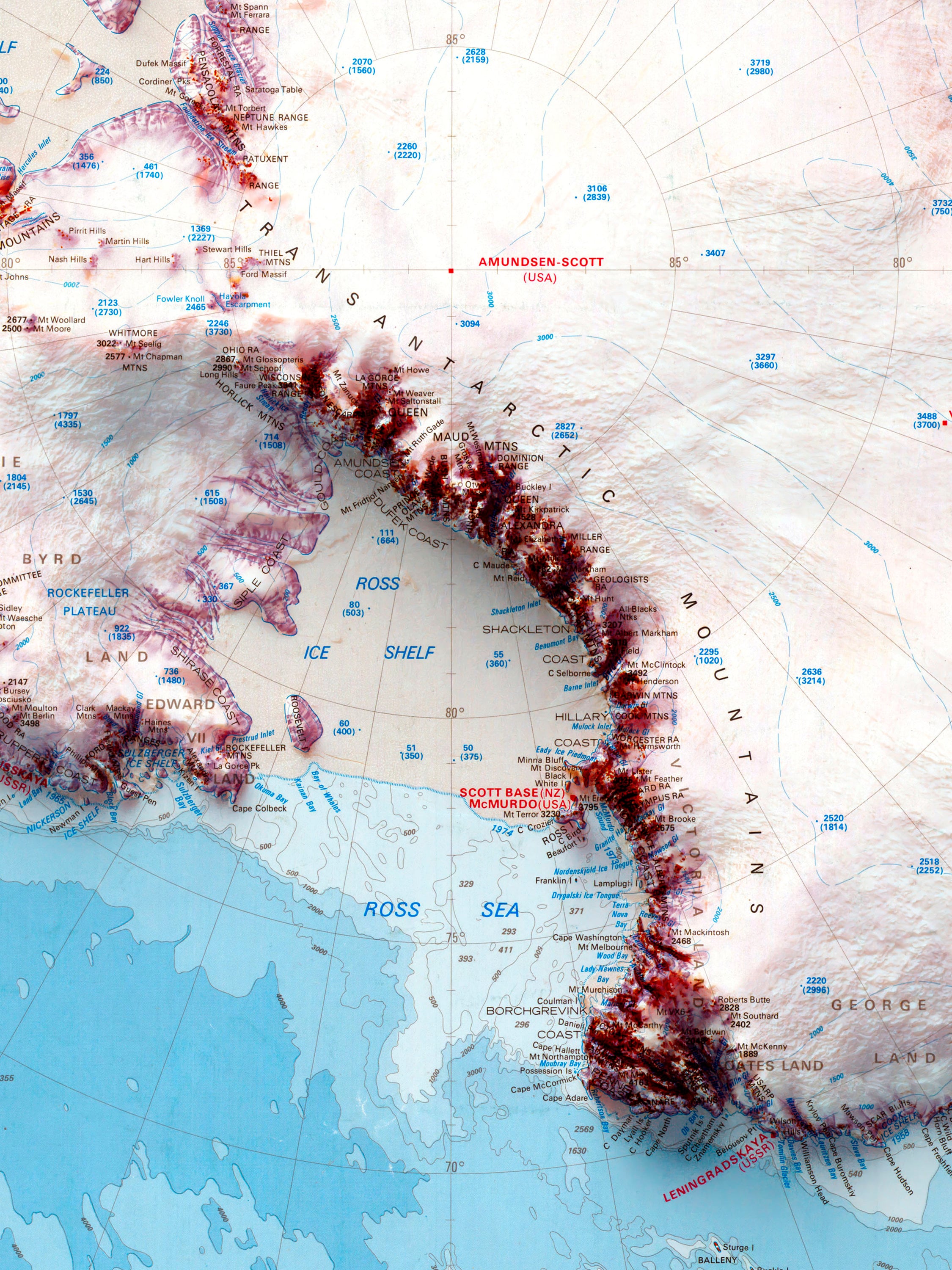 Antarctica Topographic Map of 1986 2D Poster Shaded Relief Map, Fine ...