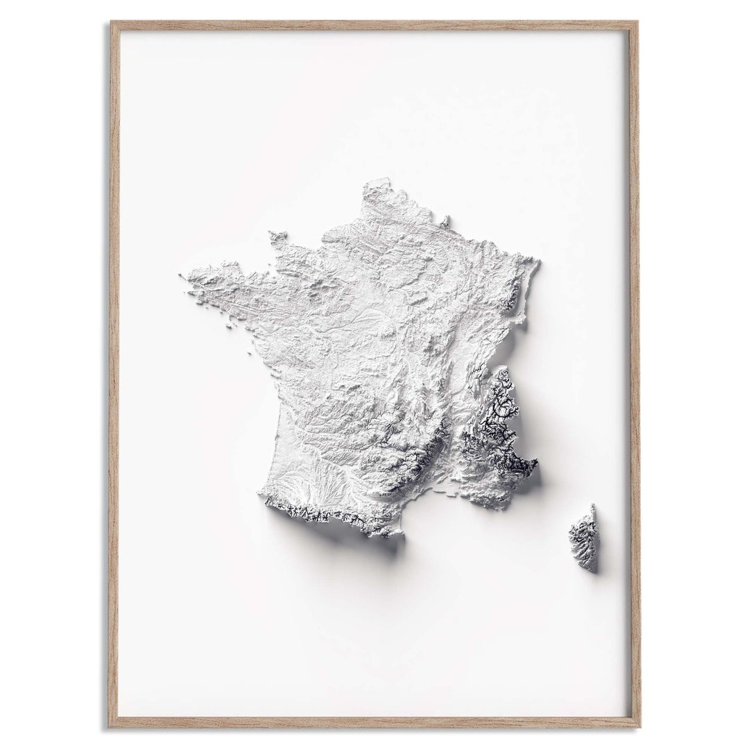 France Elevation Map (white) - 2D Poster Shaded Relief Map, Fine Art ...