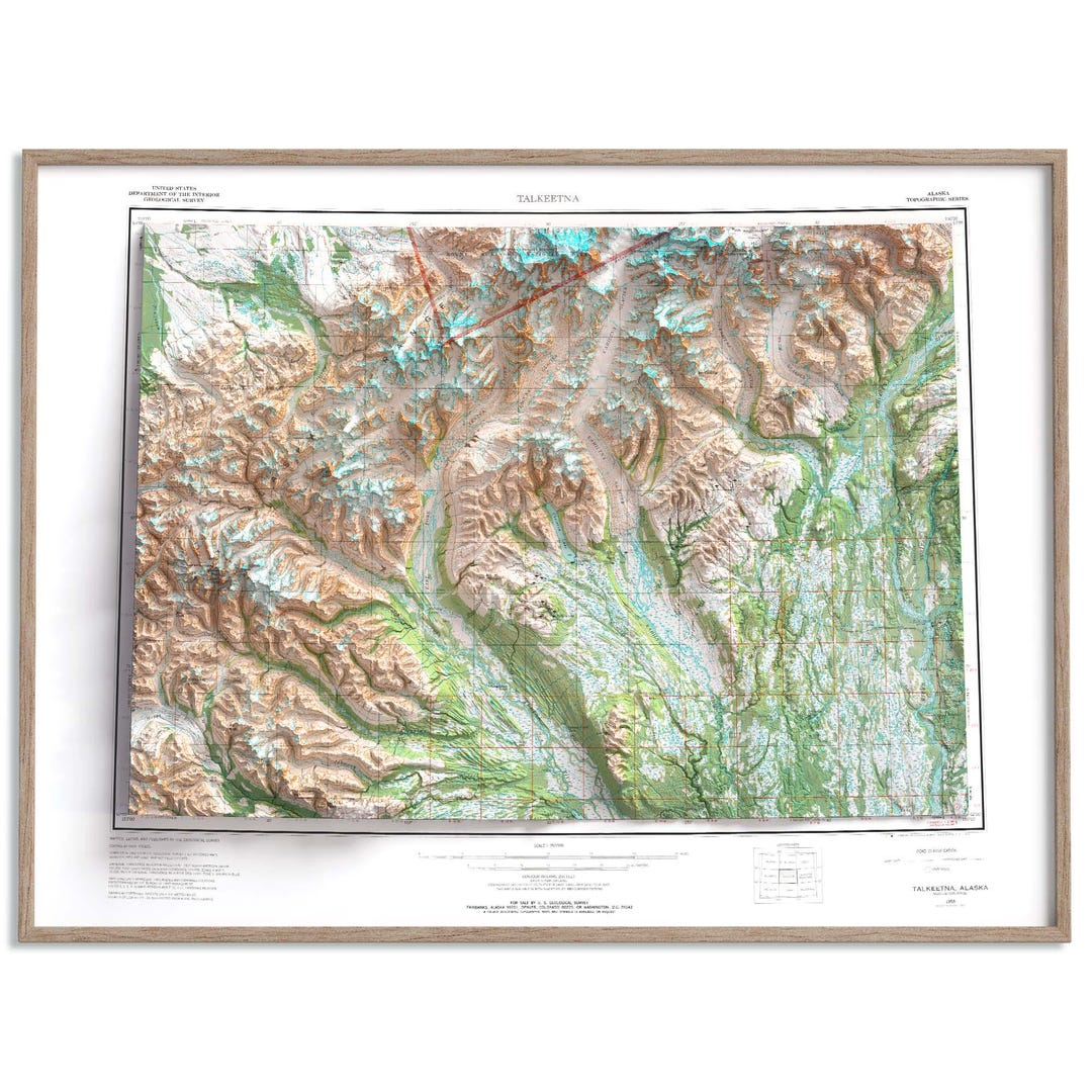 Mt Foraker (alaska, USA) Topographic Map of 1973 - 2D Poster Shaded ...
