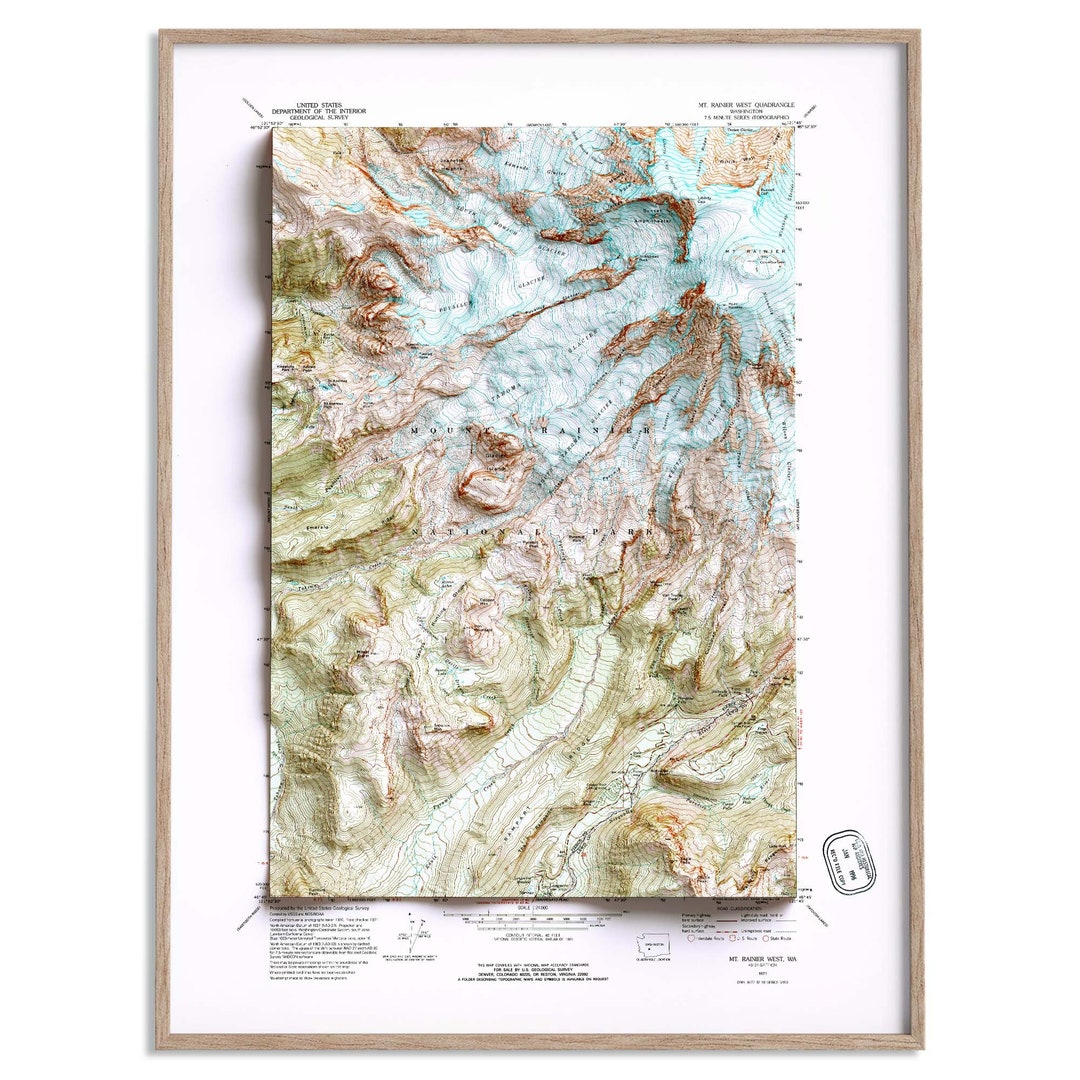 Mt Rainier (washington, USA) Topographic Map of 1971 - 2D Poster Shaded ...