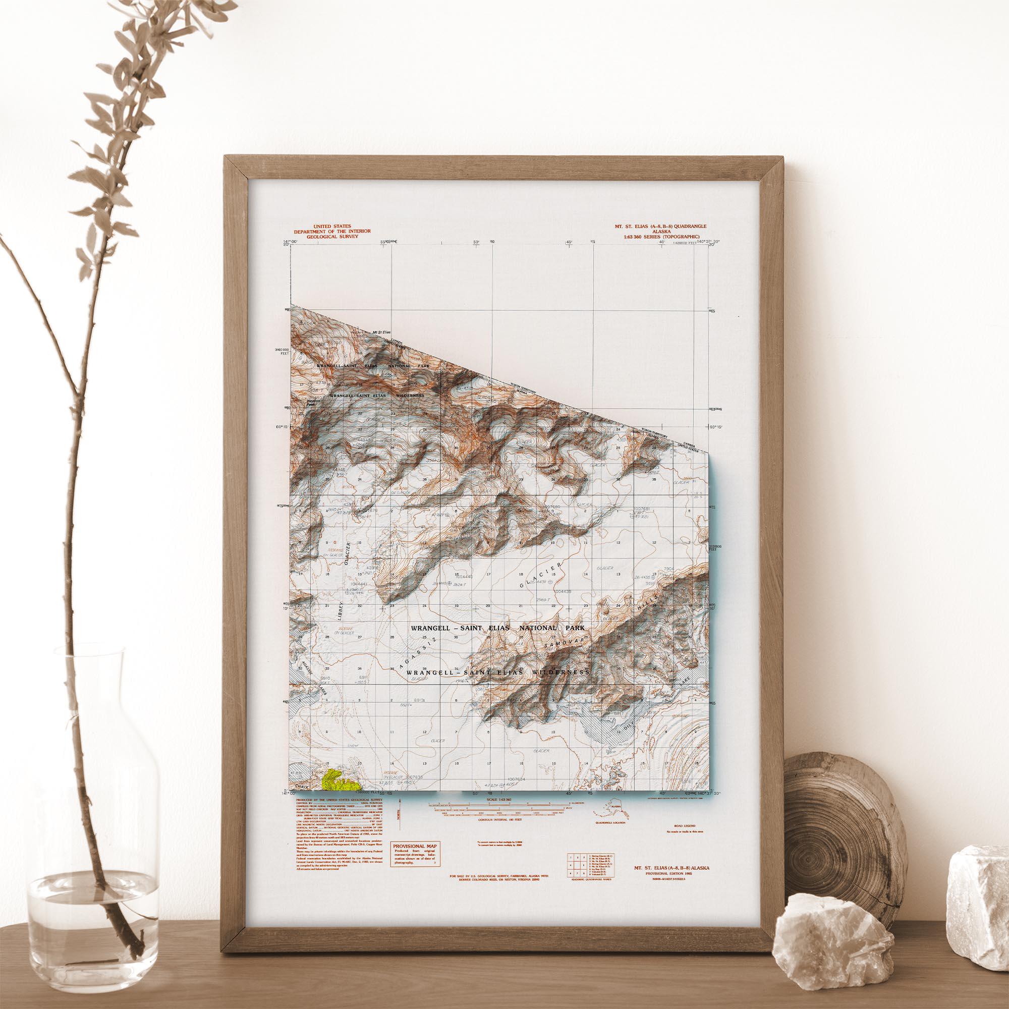 Mt Saint Elias (alaska, USA) Topographic Map of 1985 - 2D Poster Shaded ...