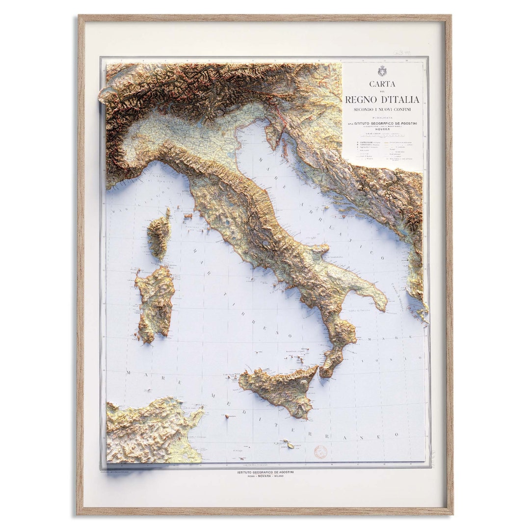 Italy Topographic Map of 1922 - 2D Poster Shaded Relief Map, Fine Art ...