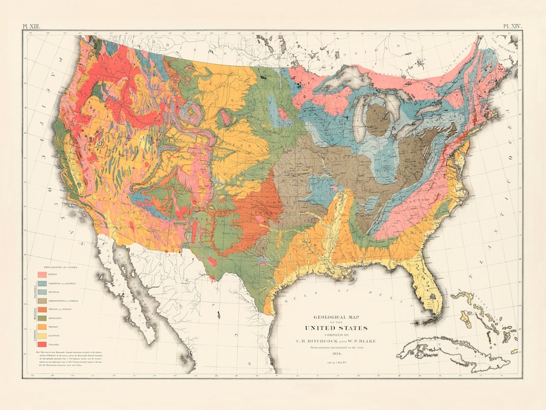 United States of America, Geological Map 1874 Vintage Map Reprint, Wall ...