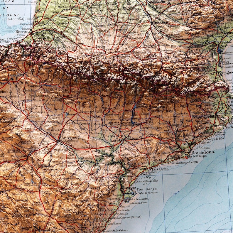 Iberian Peninsula Topographic Map of 1956 - 2D Poster Shaded Relief Map ...