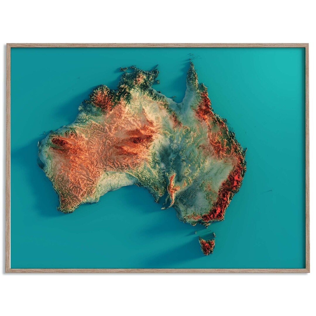 Australia Elevation Map (spectral) - 2D Poster Shaded Relief Map, Fine ...