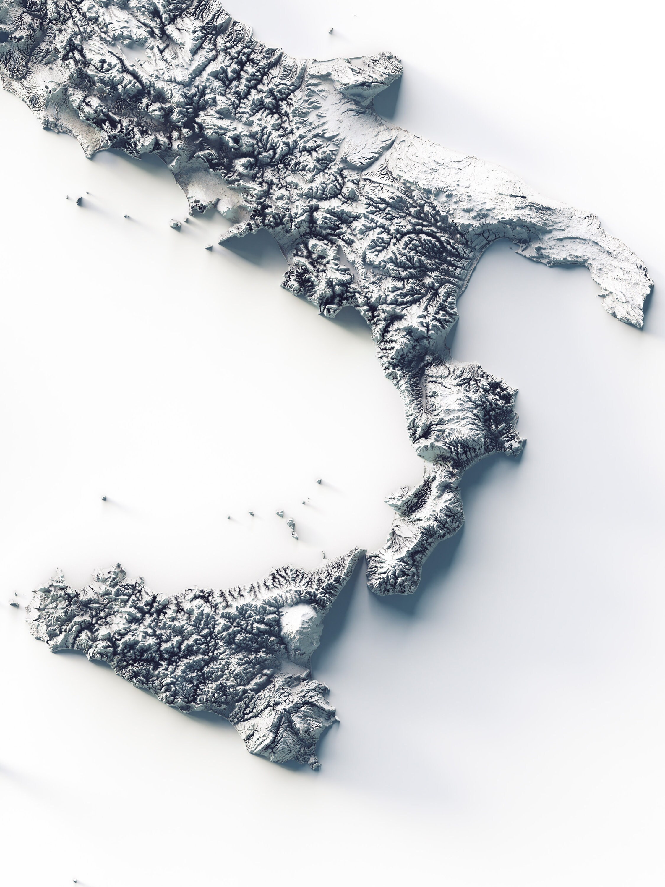 Italy Elevation Map white 2D Poster Shaded Relief Map, Fine Art Wall ...