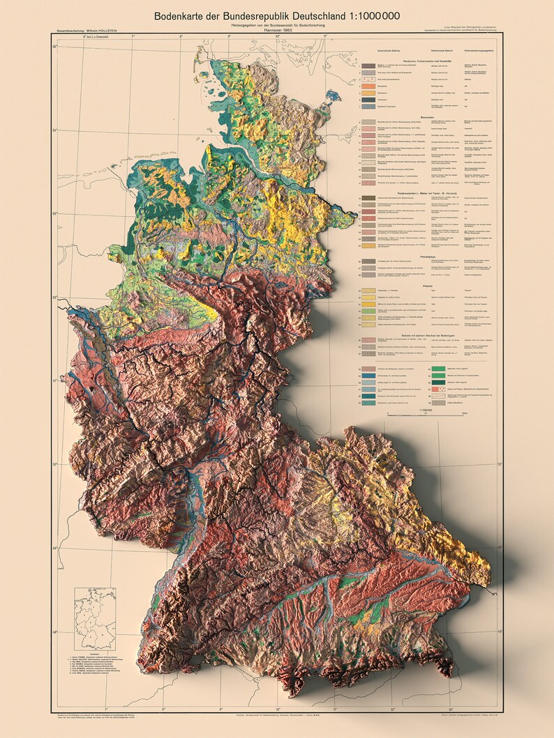West Germany Soil Map of 1963 2D Poster Shaded Relief Map - Etsy