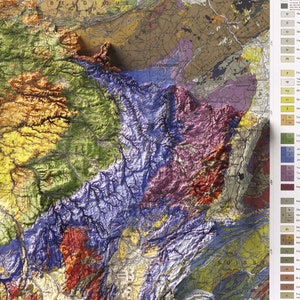 France Geological Map of 1980 - 2D Poster Shaded Relief Map, Fine Art ...