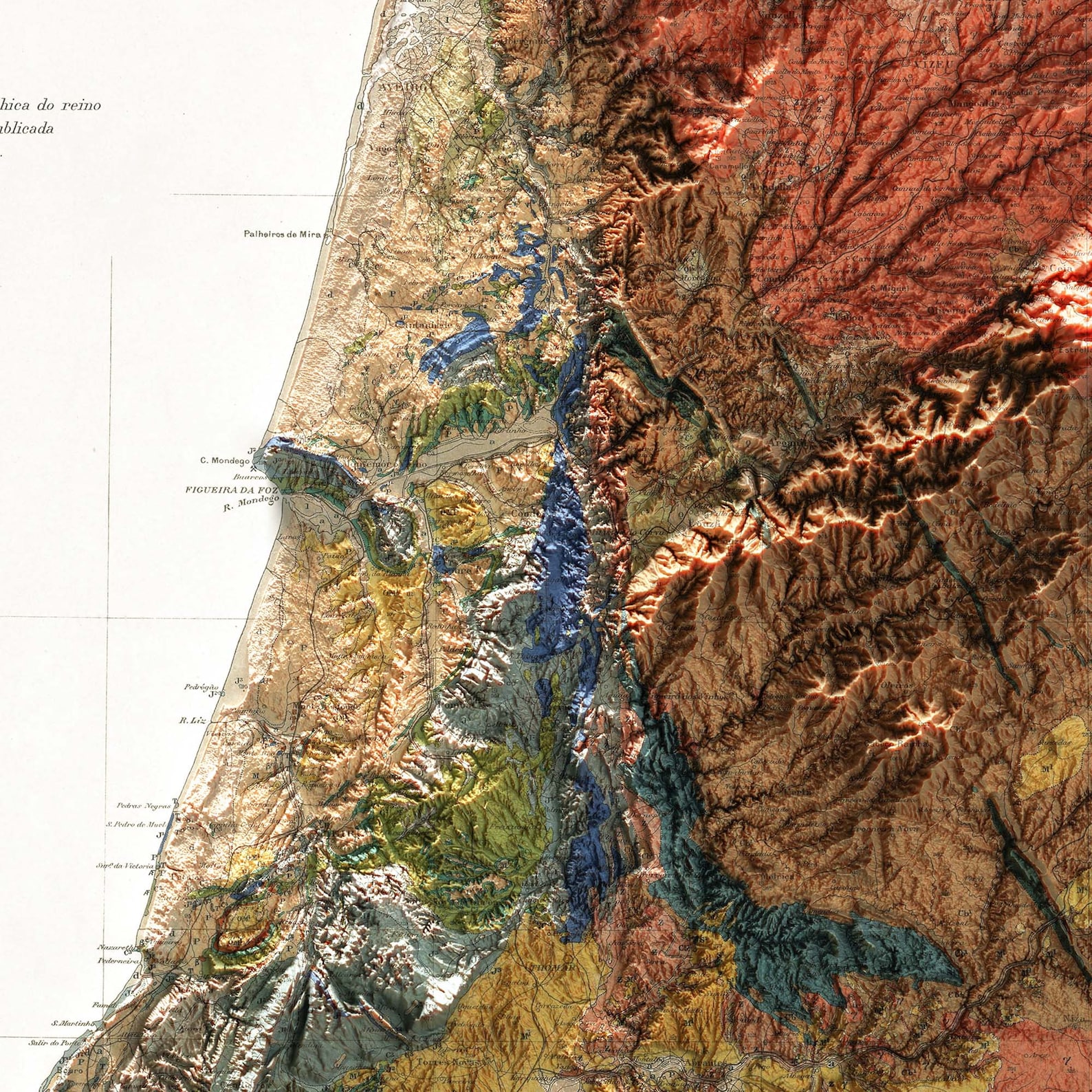 Portugal 1899 Geological Map: Vintage Flat Shaded Relief Print Art - Etsy