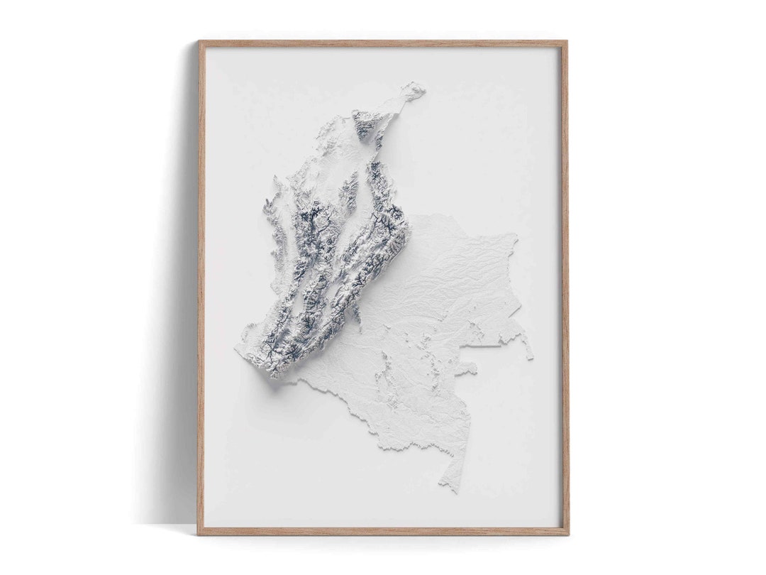 Colombia Elevation Map white 2D Poster Shaded Relief Map, Fine Art Wall ...