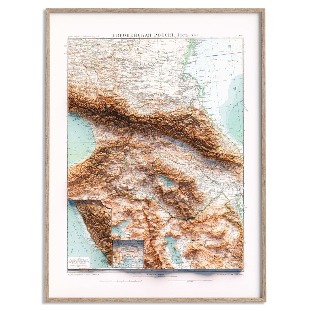 Caucasus Topographic Map of 1909 - 2D Poster Shaded Relief Map, Fine ...