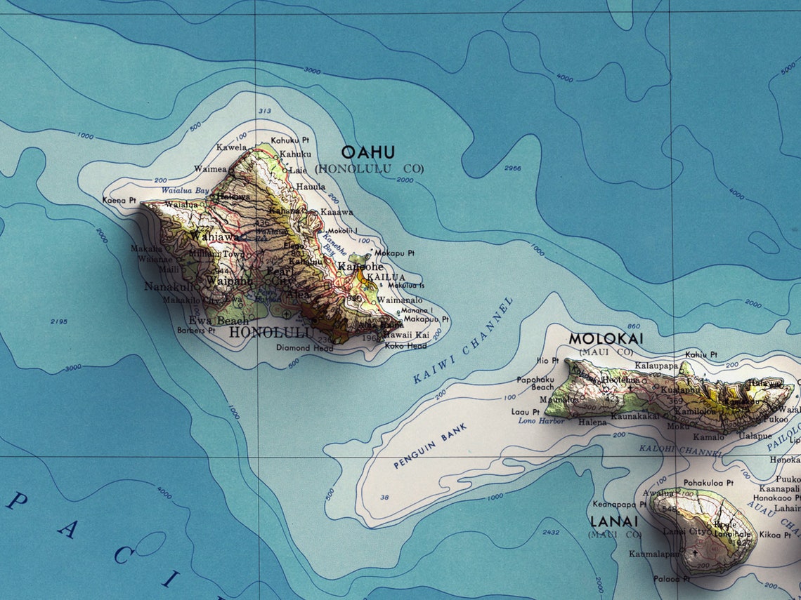 Hawaii USA Topographic map 1974 Shaded relief map | Etsy