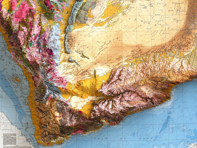 Arabian Peninsula Geological Map of 1963 2D Poster Shaded Relief Map ...